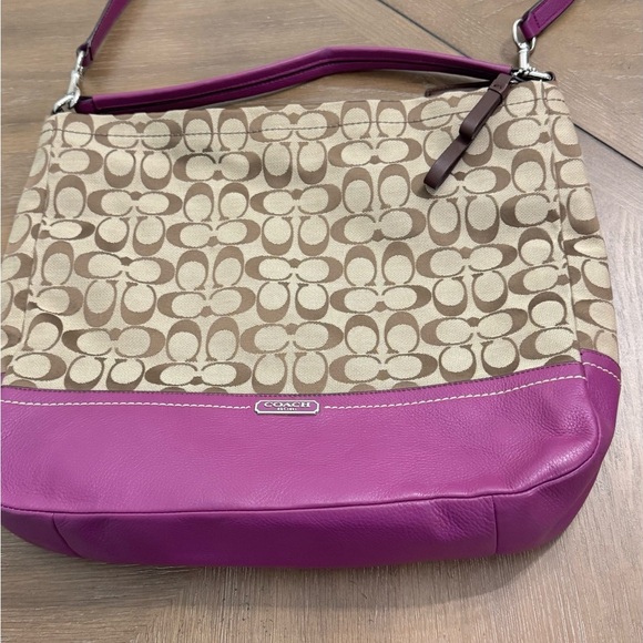 Coach | Bags | Coach Purple And Tan Shoulder Bag With Signature Pattern ...